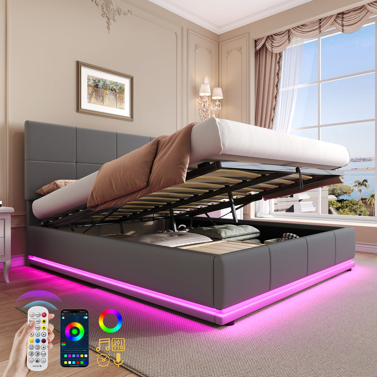 Ottoman Double Bed with LED Lighting, Hydraulic Storage, Adjustable Sq ...