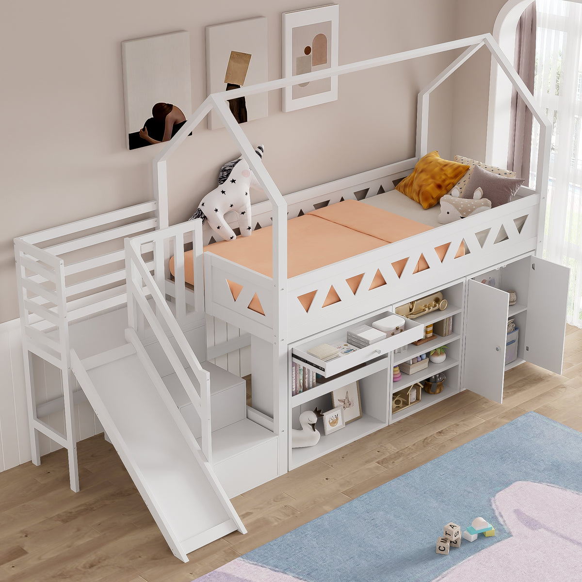 Children's Single Bed - Multifunctional Solid Wood Bed Frame with Slid ...