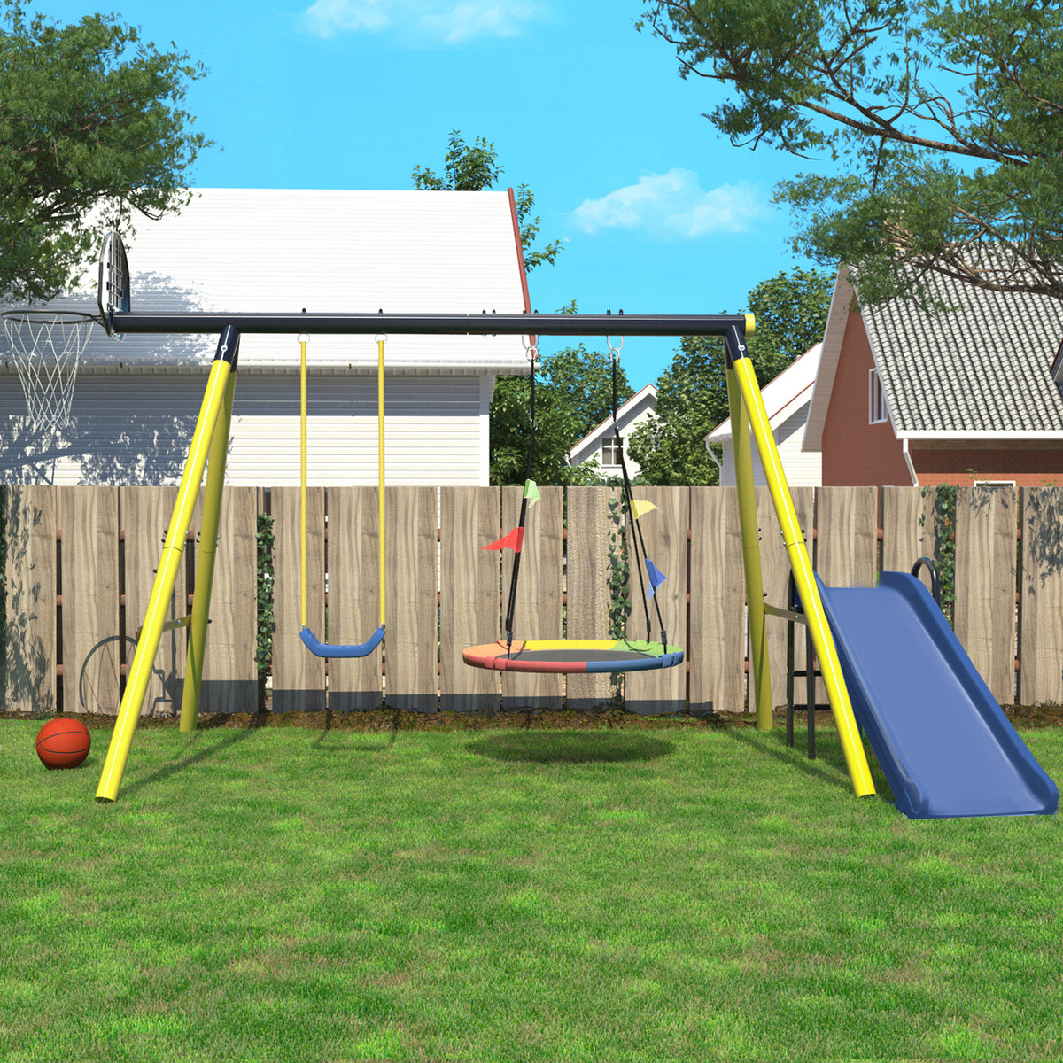 Kids Swing Set with Metal Frame, Nest Tree Swing, Single Swing, Basket ...
