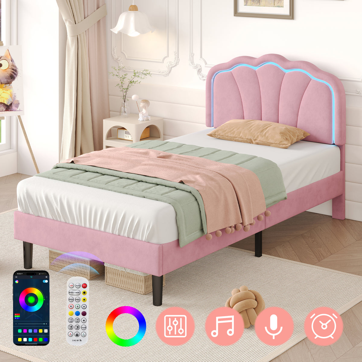 3ft Single Upholstered Bed with LED Adjustable Shell Shape Headboard ...