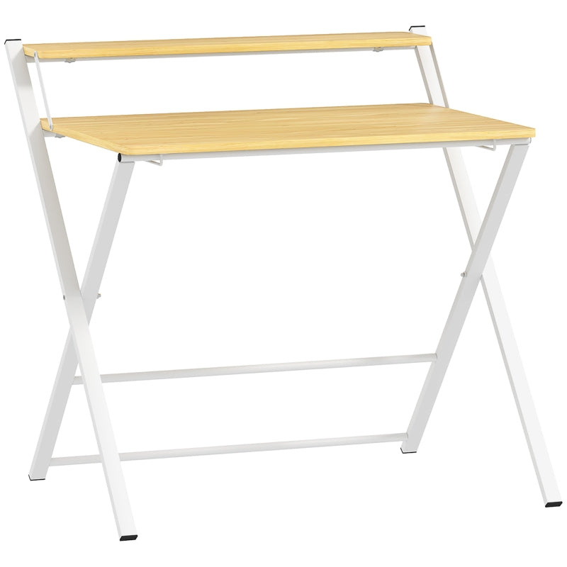 Folding Desk, Space-Saving Computer Desk with Storage Shelf and 2-Tier ...