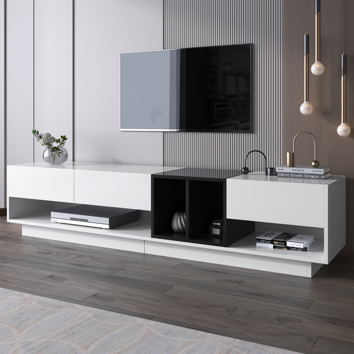 TV cabinet lowboard combination, color-blocking design with drawers an ...