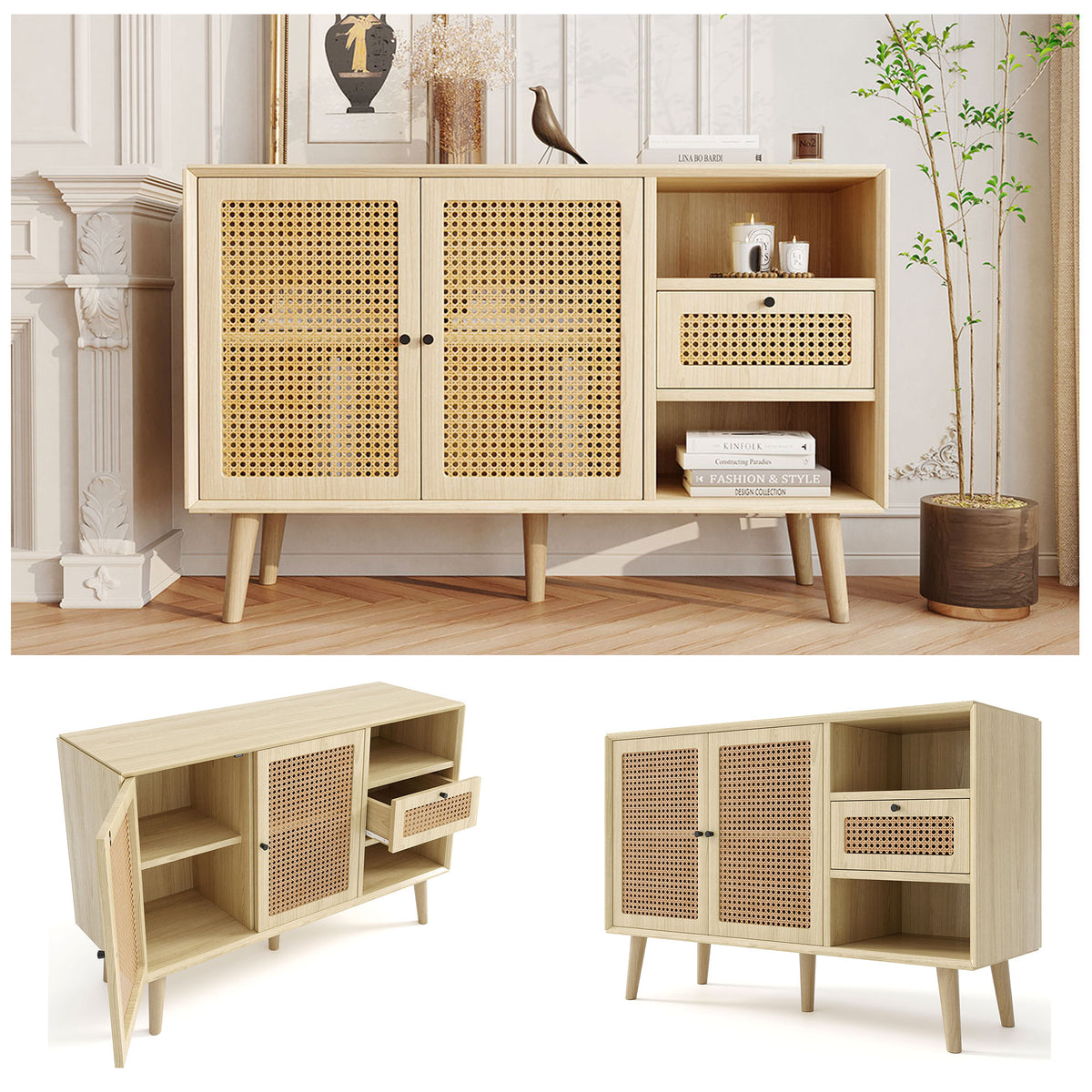 Sideboard with Drawers and Unique Legs, 120x40x80cm, Light-Colored Woo ...