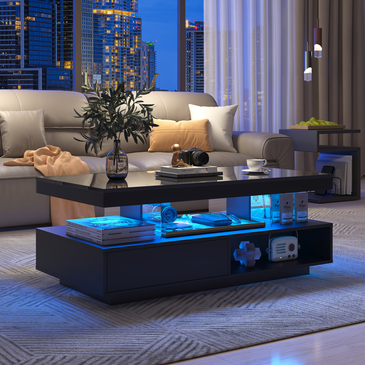 Coffee Table Push-Pull Storage Black Particle Board – Rathwood